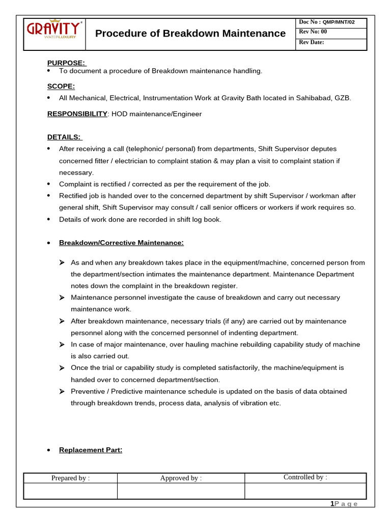 Breakdown Maintenenace QMP MNT 02 | PDF