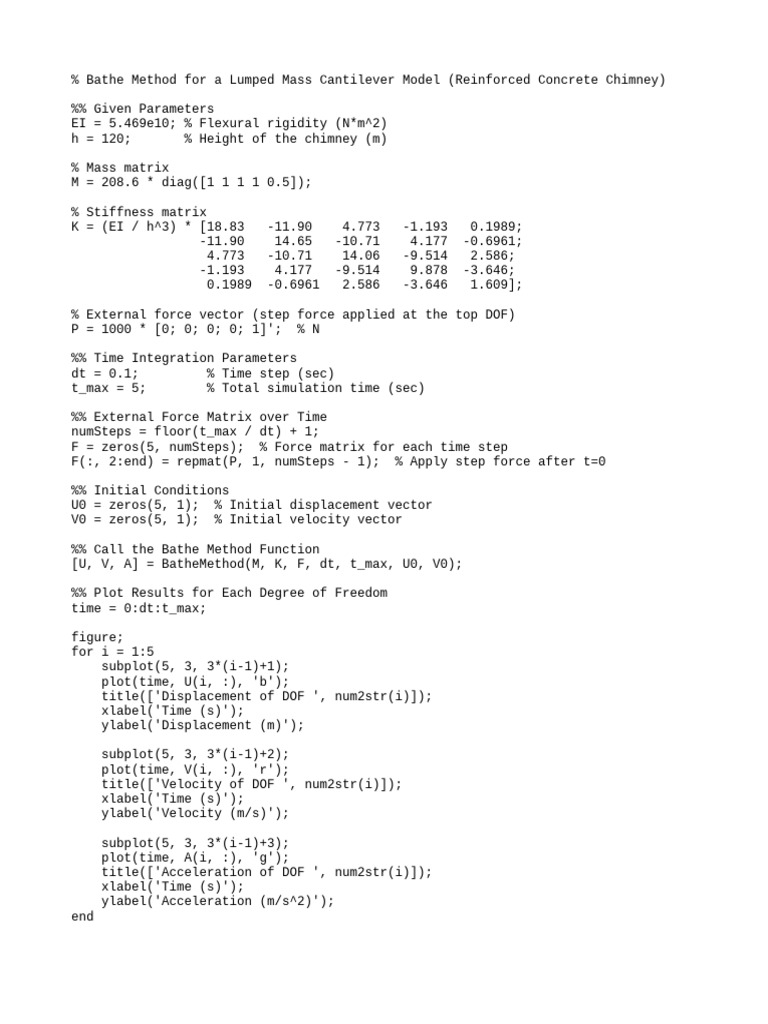 % Bathe Method For A Lumped Mass Ca | PDF | Acceleration | Stiffness