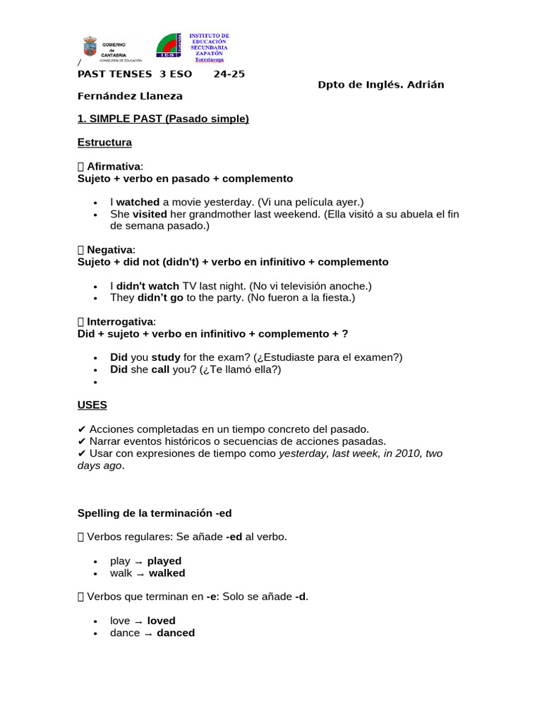 Tiempos Verbales en Inglés: 3 ESO | PDF | Verbo | Gramática