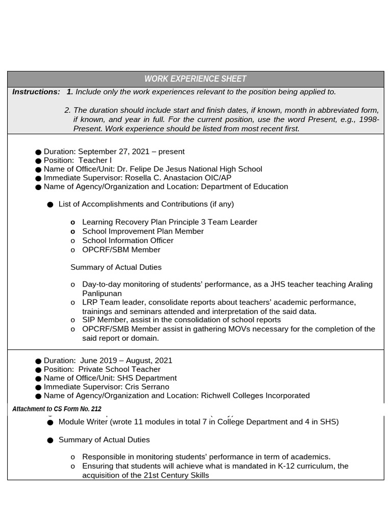Work Experience Sheet for Teachers | PDF