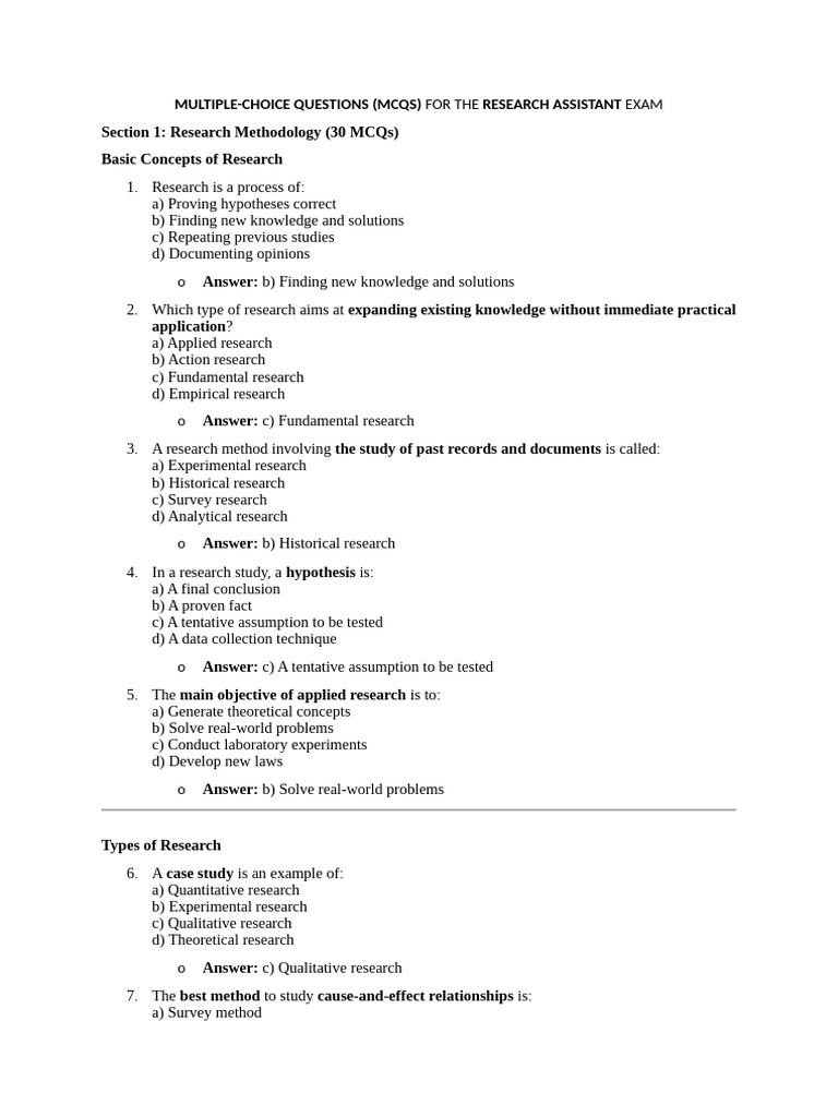 Research Assistant Exam MCQs Guide | PDF | Sampling (Statistics ...