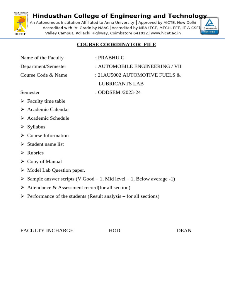 COURSE FILE INDEX | PDF | Educational Institutions | Higher Education