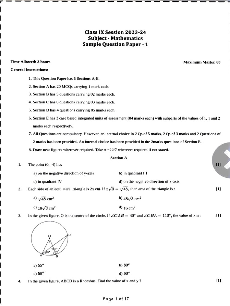 Sample Paper Maths Class 10 | PDF | Area | Angle