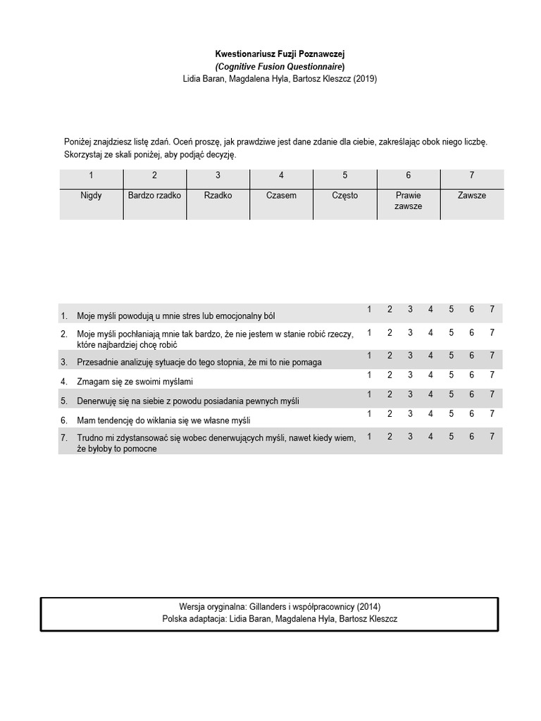 Cognitive Fusion Questionnaire: Kwestionariusz Fuzji Poznawczej | PDF