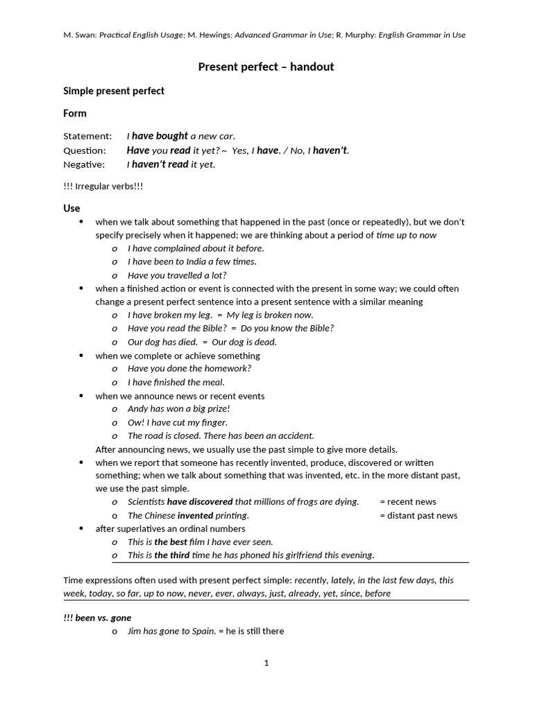 Present Perfect - Handout | PDF | Linguistics | Grammar