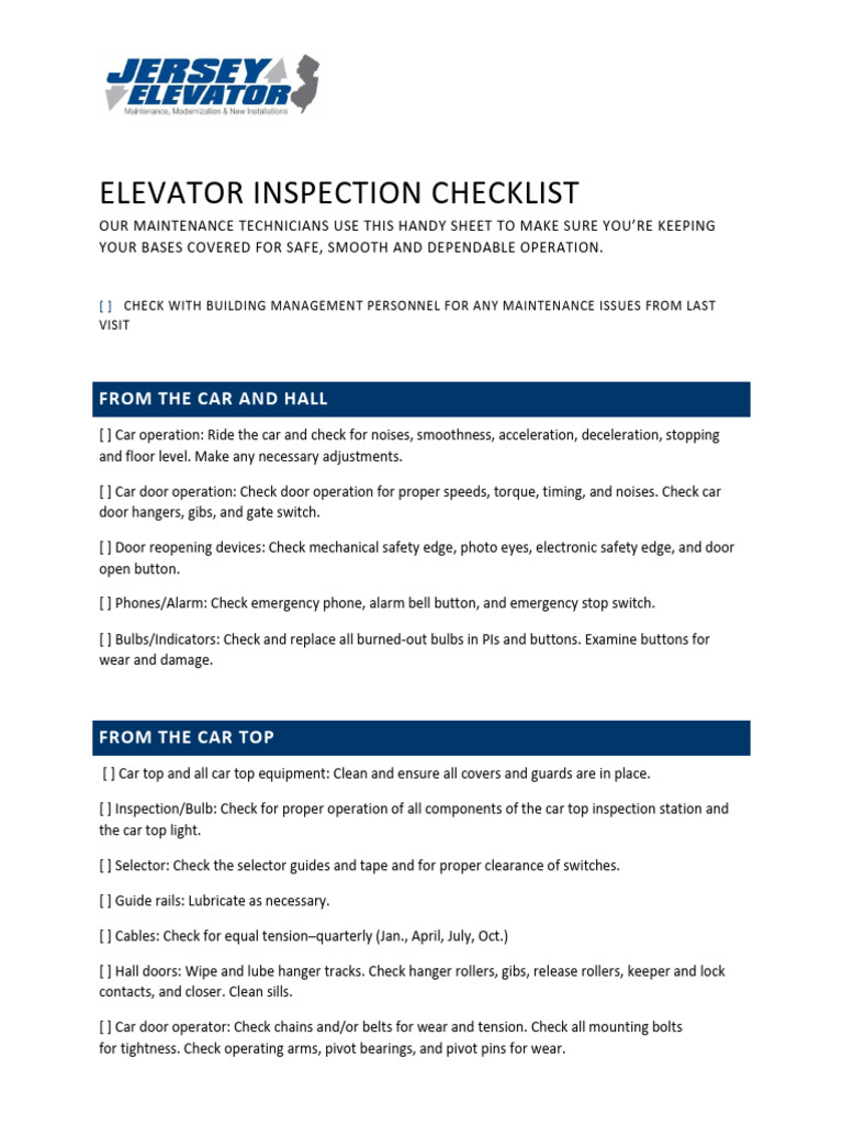 ElevatorChecklist v2 PDF | PDF | Elevator | Lubricant