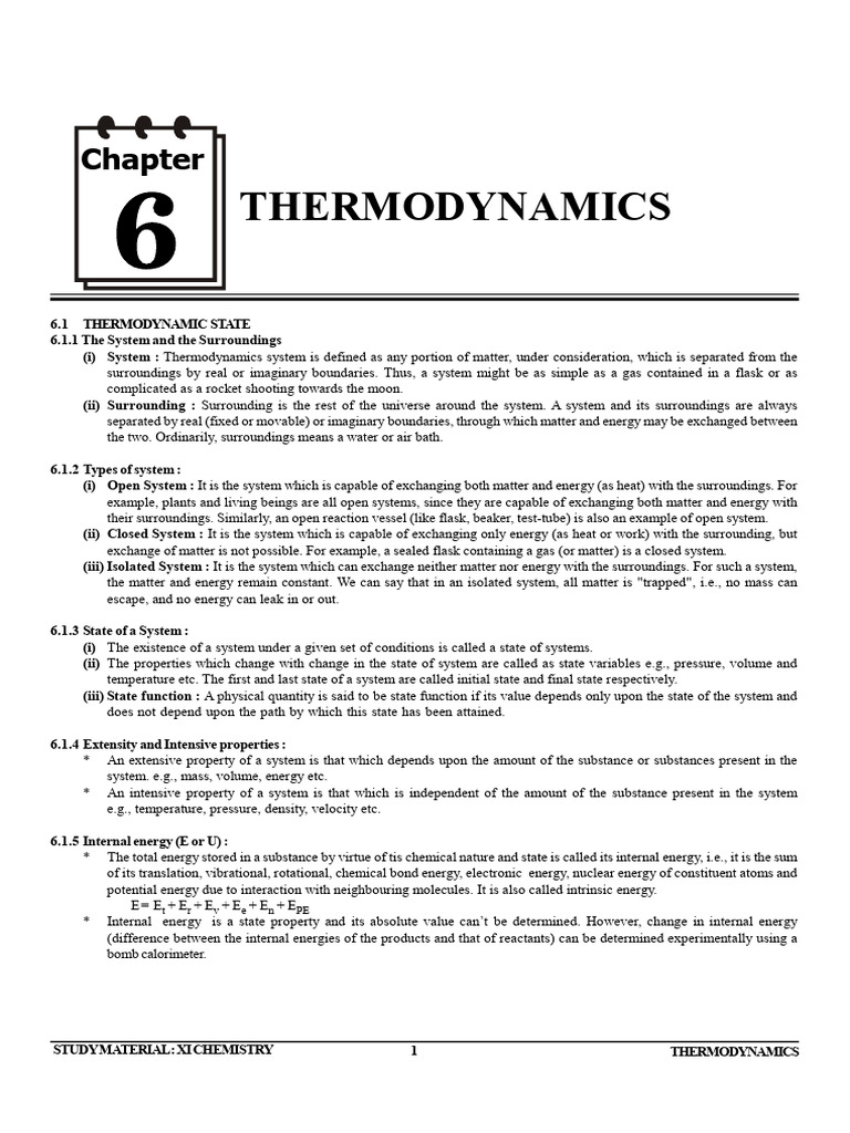 XI CHEM CH 6 Thermodynamics | PDF | Enthalpy | Heat