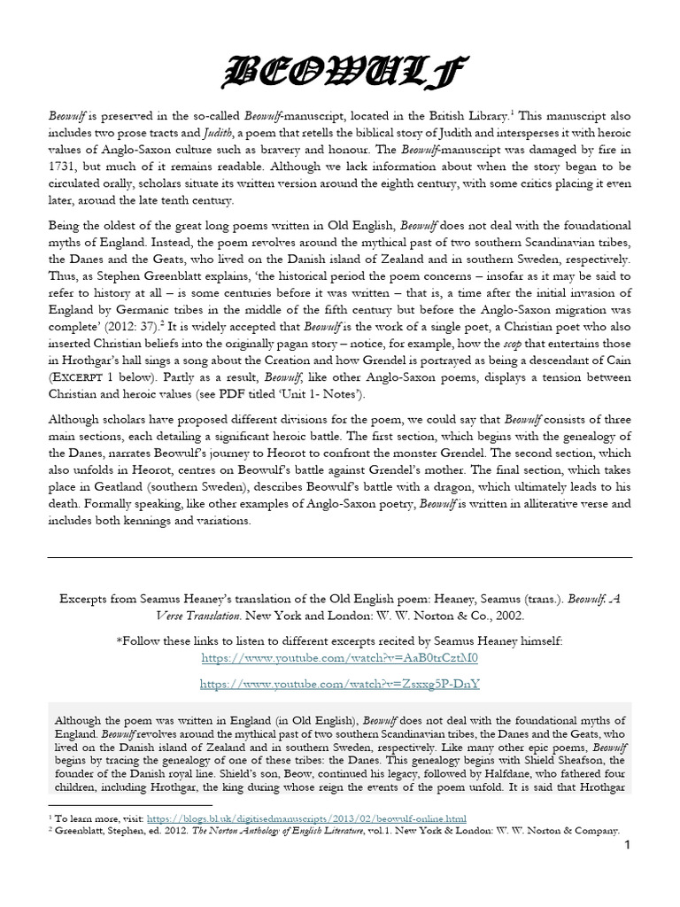 1_Beowulf_Excerpts (1) | PDF | Beowulf | Germanic Heroic Legends