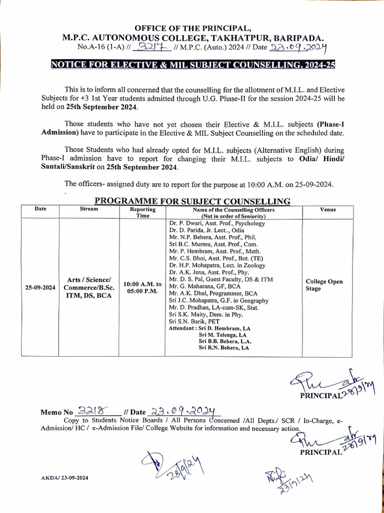 Notice For Elective & MIL Subject Counselling, 2024-25 1 | PDF