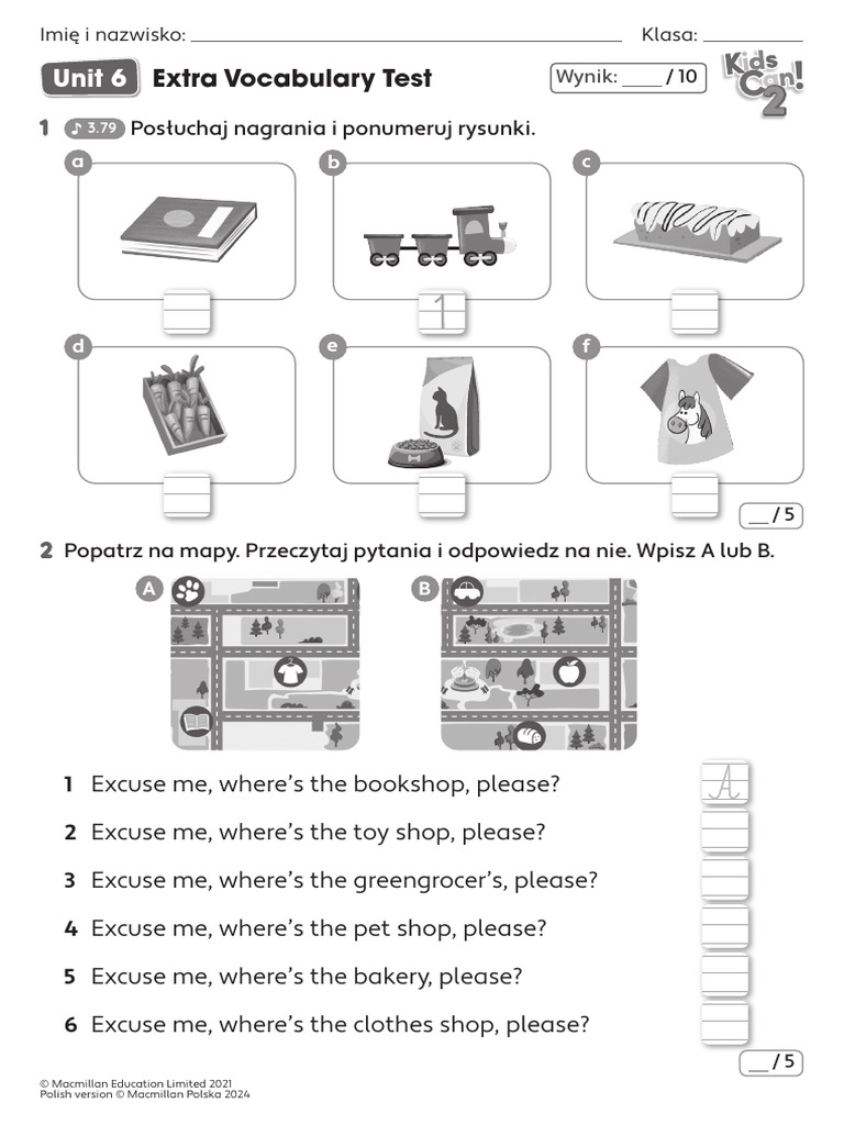 Kids Can 2 - Extra Vocabulary Test - Unit | PDF