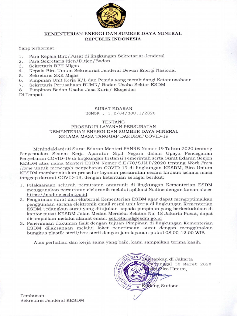 3.E. Surat Edaran PROSEDUR LAYANAN PERSURATAN KESDM SELAM MASA TANGGAP ...