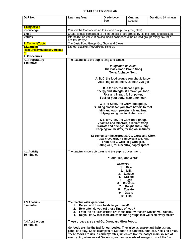Lesson Plan on Basic Food Groups | PDF | Foods | Meal