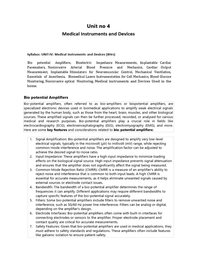 Unit-4 Medical Instruments and Devices | PDF | Anesthesia | Artificial ...