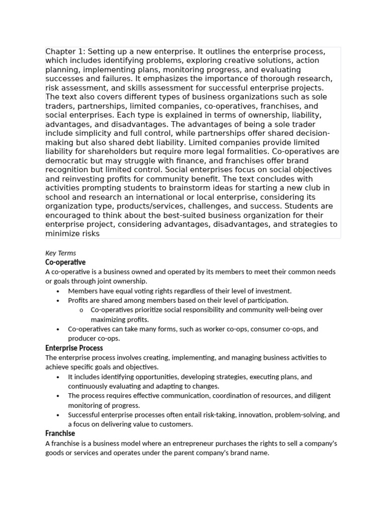 Chapter 1 Enterprise summary | PDF | Partnership | Franchising