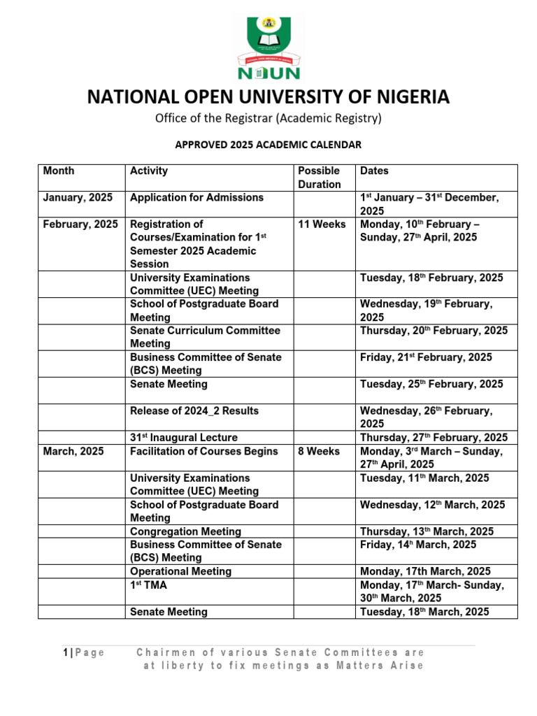 2025 NOUN Academic Calendar | PDF | Academic Term