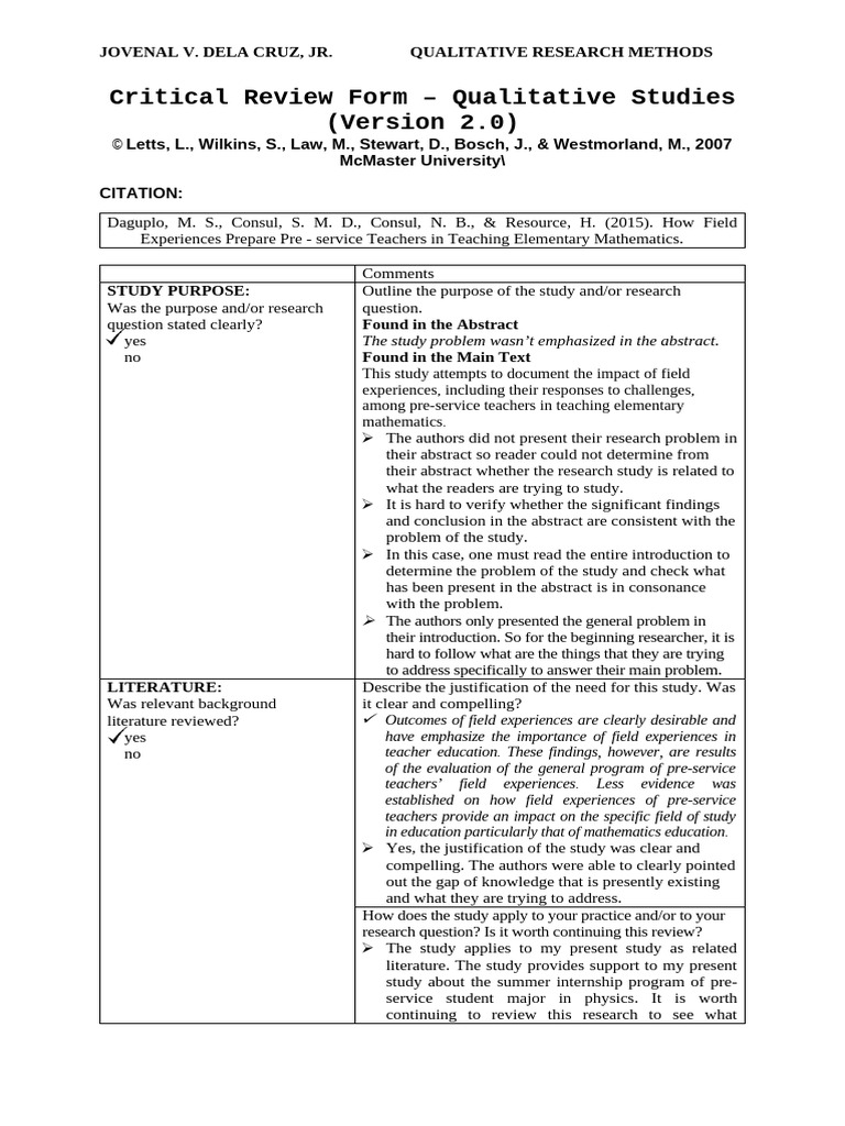 Critical Review Form - Phenomenology - How Field Experiences Prepare ...