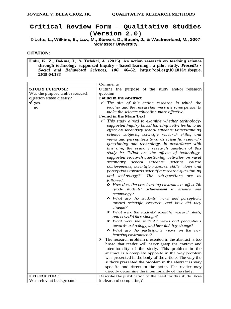 Critical Review Form - Case Study - An Action Research On Teaching ...