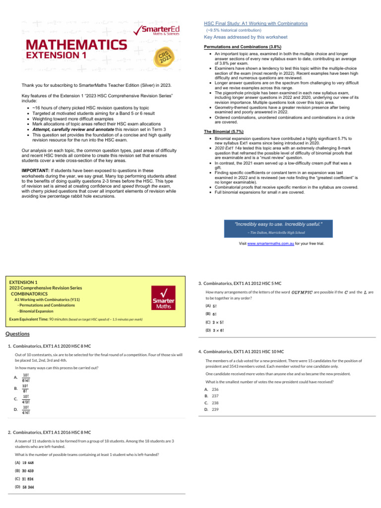 2023 HSC CRS EXT1 A1 Combinatory | PDF | Multiple Choice | Mathematics