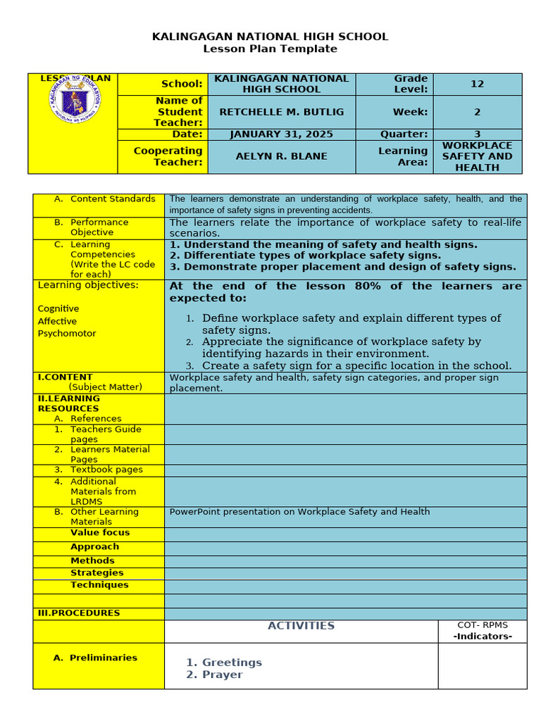 Workplace Safety Lesson Plan | PDF | Occupational Safety And Health ...