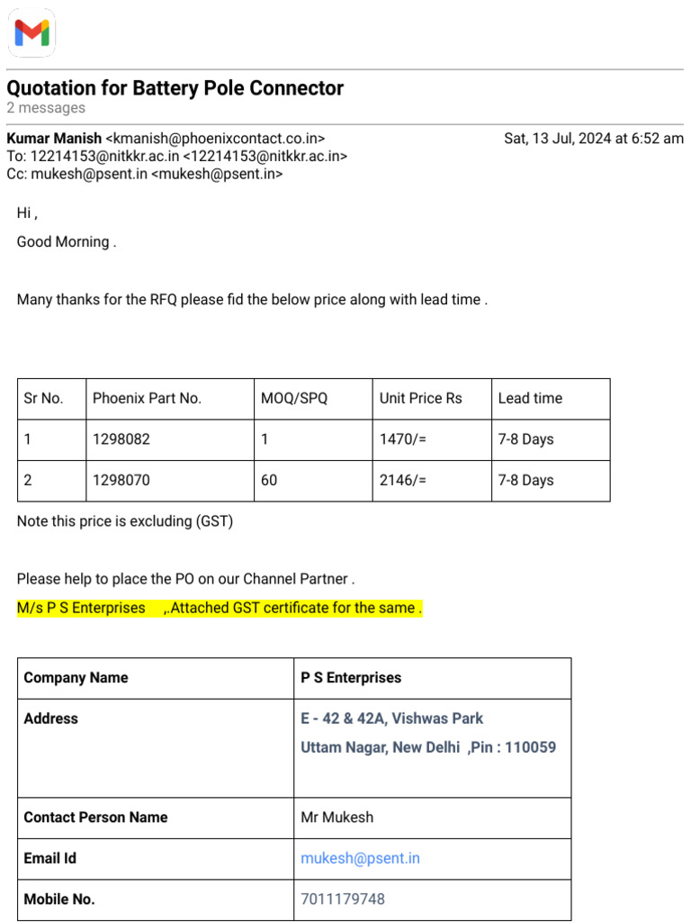 Gmail - Quotation For Battery Pole Connector | PDF
