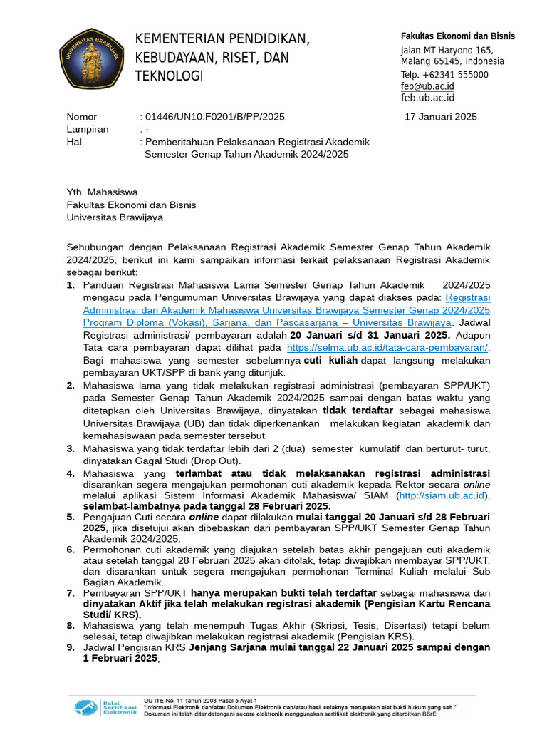 Pemberitahuan Pelaksanaan Registrasi Akademik Semester Genap Tahun Akademik 2024-2025 | PDF