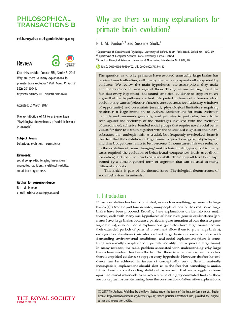Primate Brain Evolution Explanations | PDF | Evolution | Foraging