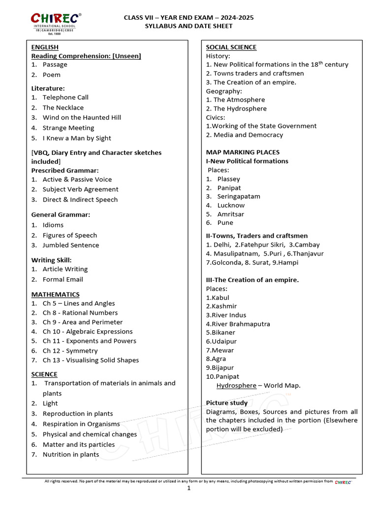 Class 7. Syllabus and Datesheet | PDF