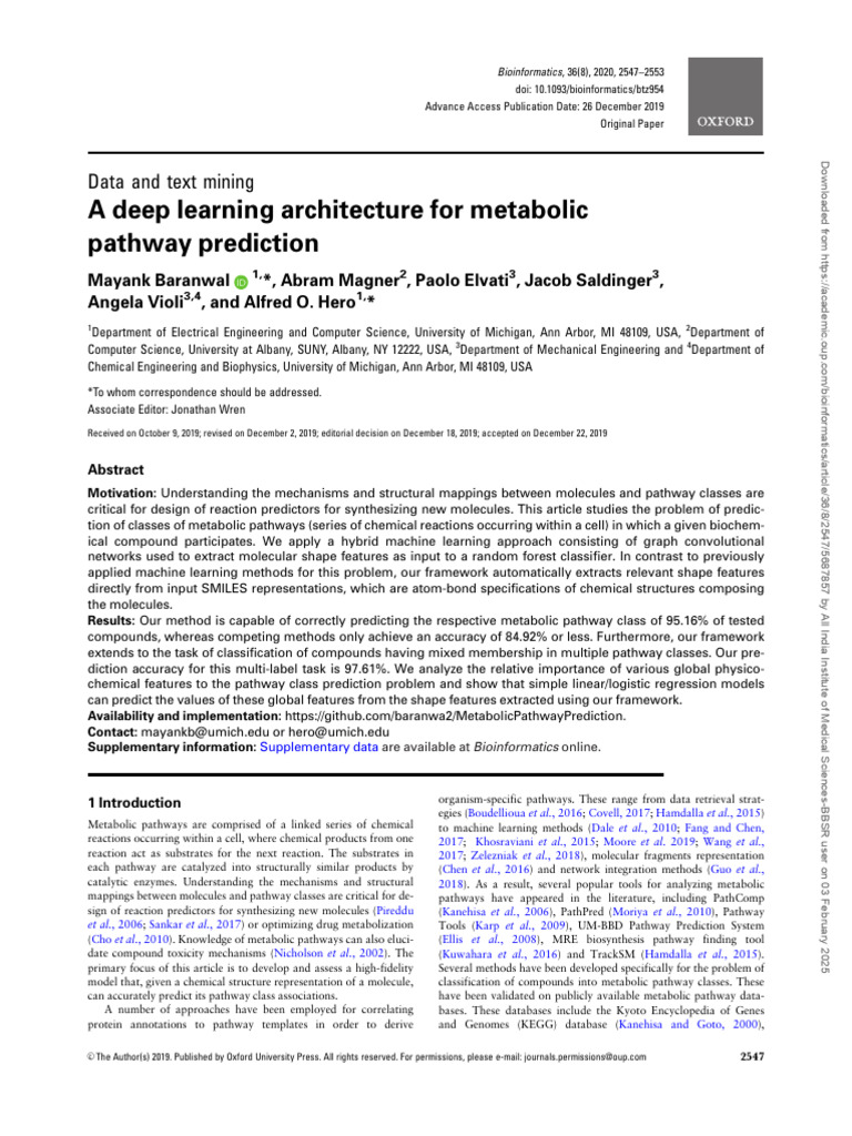 A Deep Learning Architecture For Metabolic Pathway Prediction | PDF | Metabolism | Statistical ...
