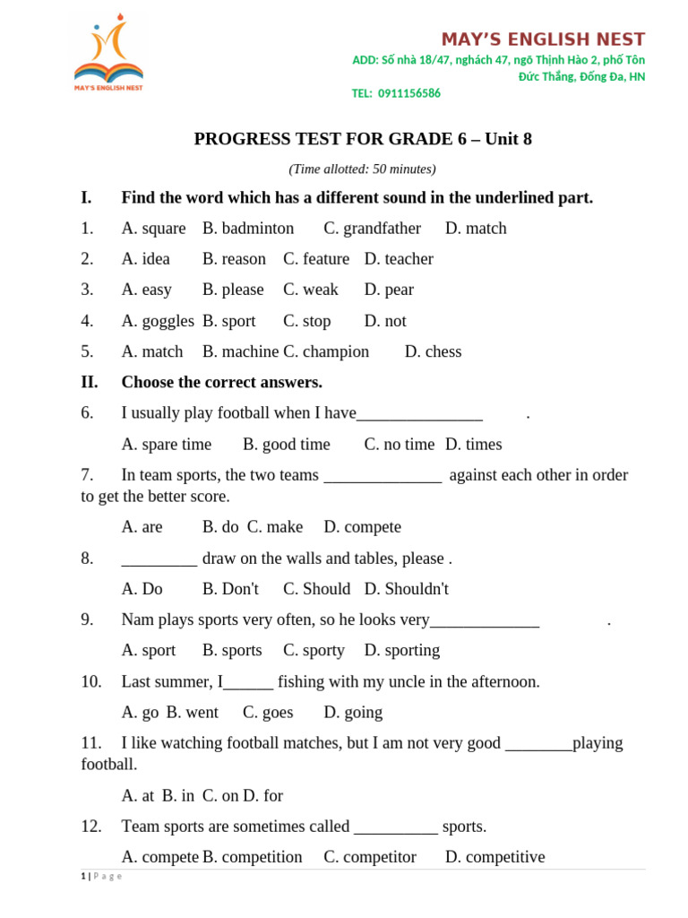PROGRESS TEST FOR GRADE 6-Unit 8 | PDF | Sports
