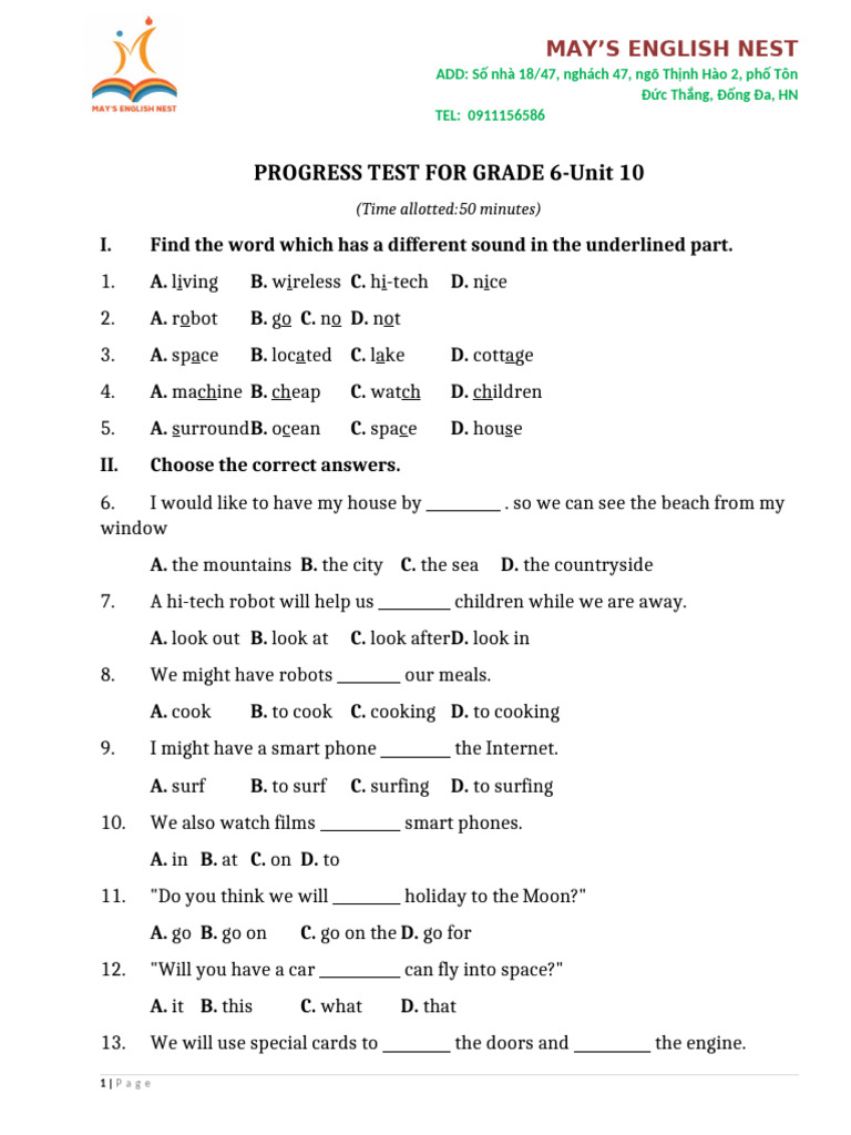 Progress Test for Grade 6 - Unit 10 | PDF