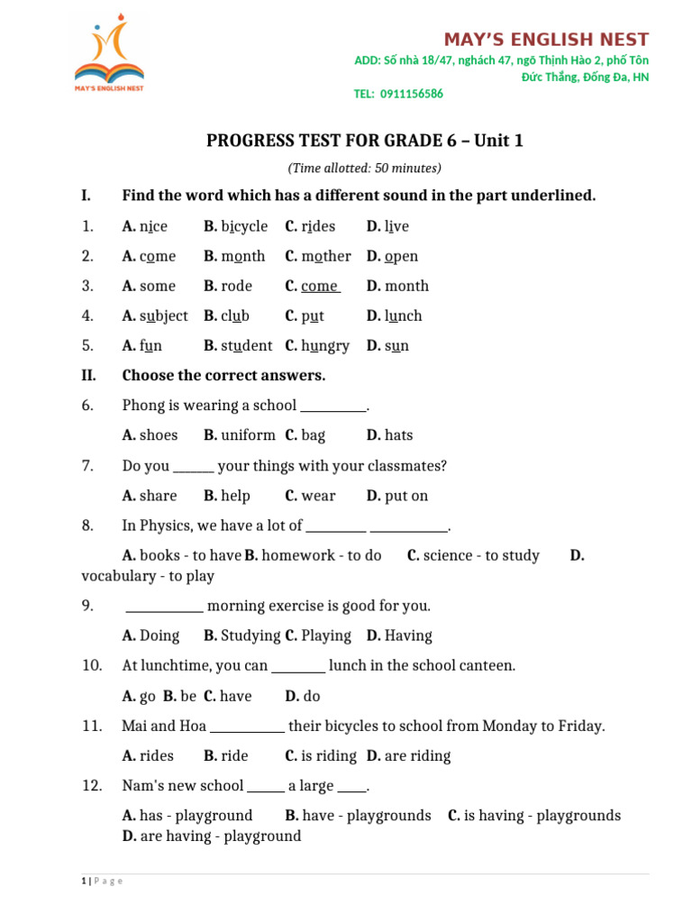 PROGRESS TEST FOR GRADE 6-Unit 1 | PDF | Language Mechanics | Syntax