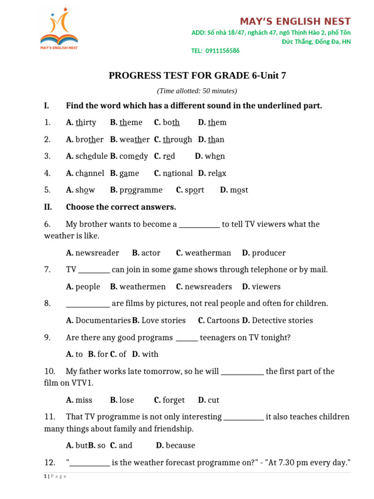 Grade 6 English Unit 7 Test Pdf