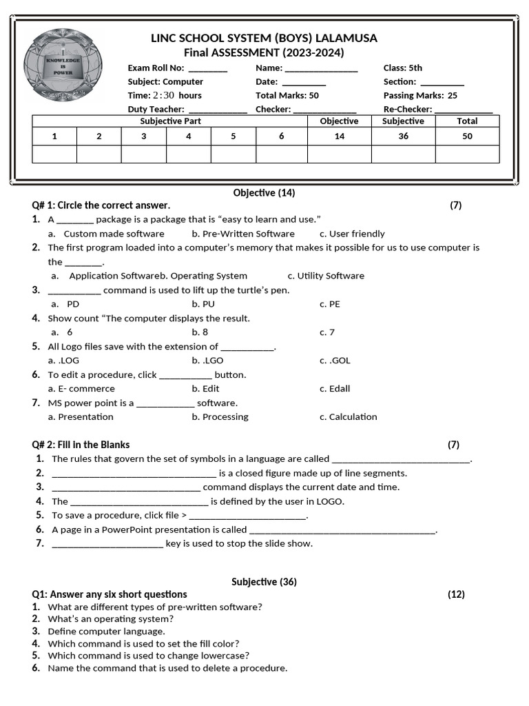 Final Term Exams Class 5th | PDF | Software | Computing