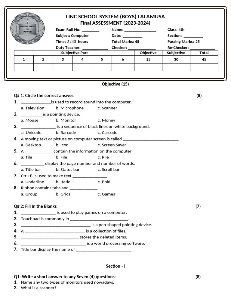 Final Term Exams Class 4th | PDF | Icon (Computing) | Window (Computing)