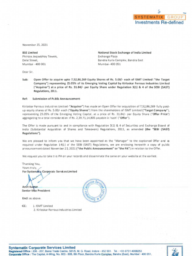 Kirloskar Ferrous Open Offer for ISMT | PDF | Takeover | Securities ...