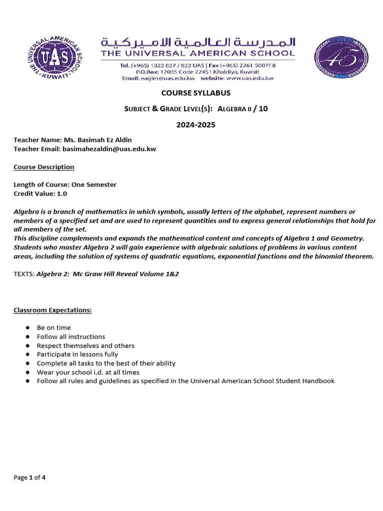 Basimah Ez Aldin Algebra II Syllabus | PDF | Equations | Polynomial
