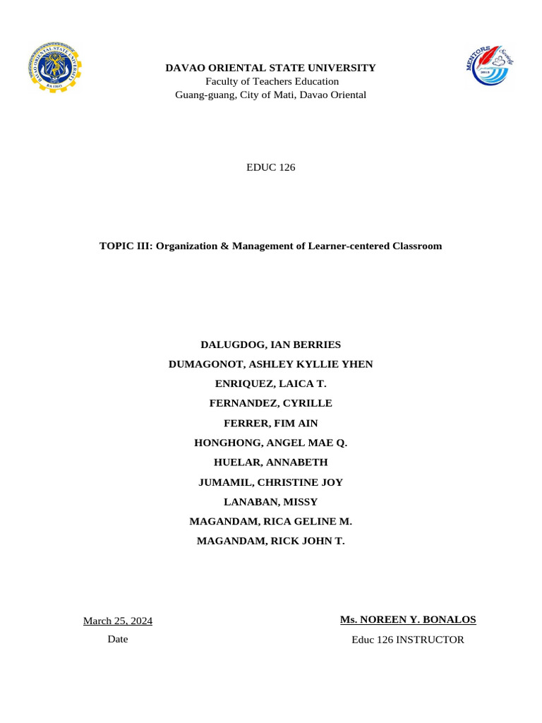 3 Organization Management of Learner Centered Classroom | PDF | Learning | Classroom Management