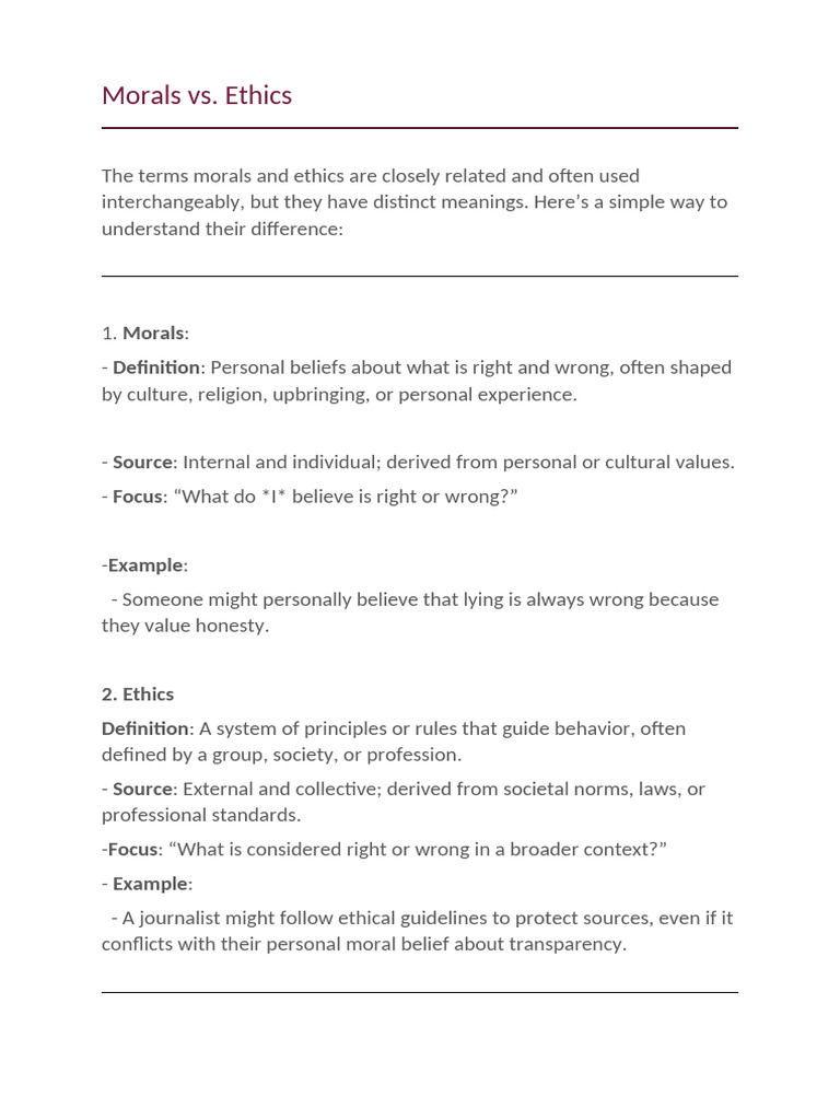 Morals vs. Ethics | PDF