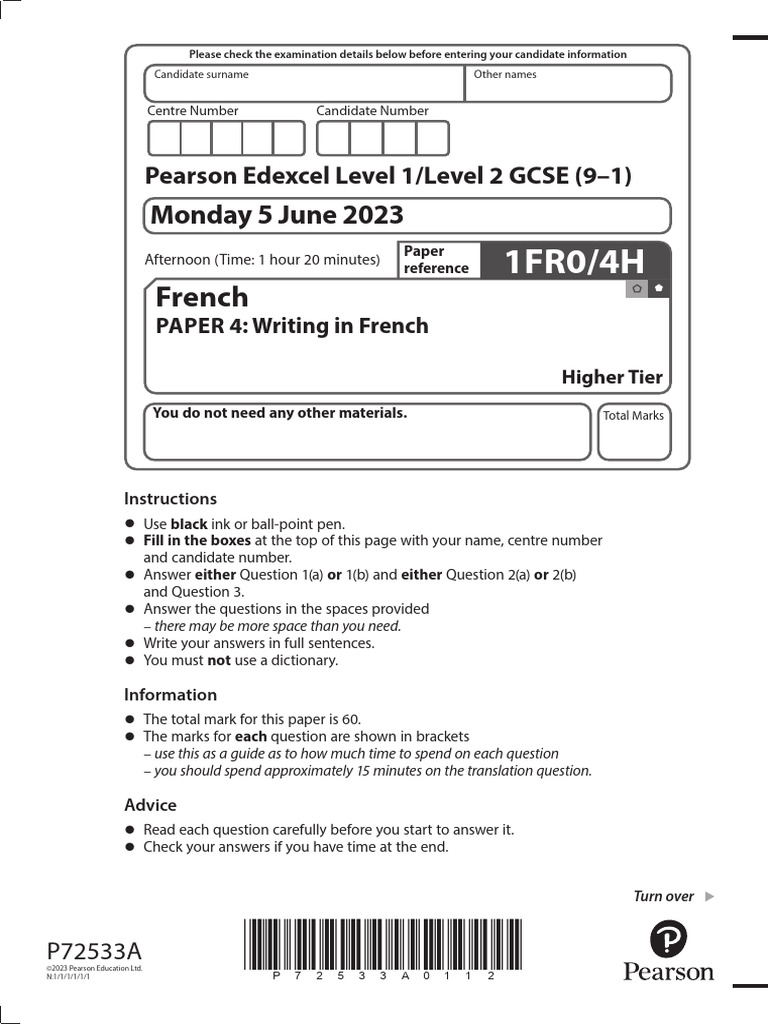 Edexcel Gcse June 2023 French 1fro Paper 4h QP | PDF | Vocational ...