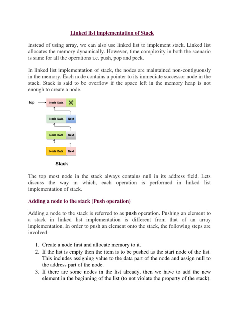 Linked List Implementation of Stack | PDF | Pointer (Computer ...