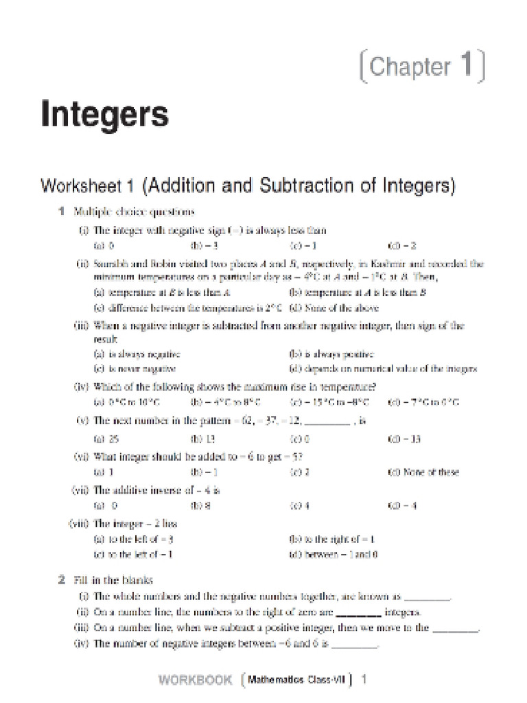 Integers Practice Sums Class 7 | PDF