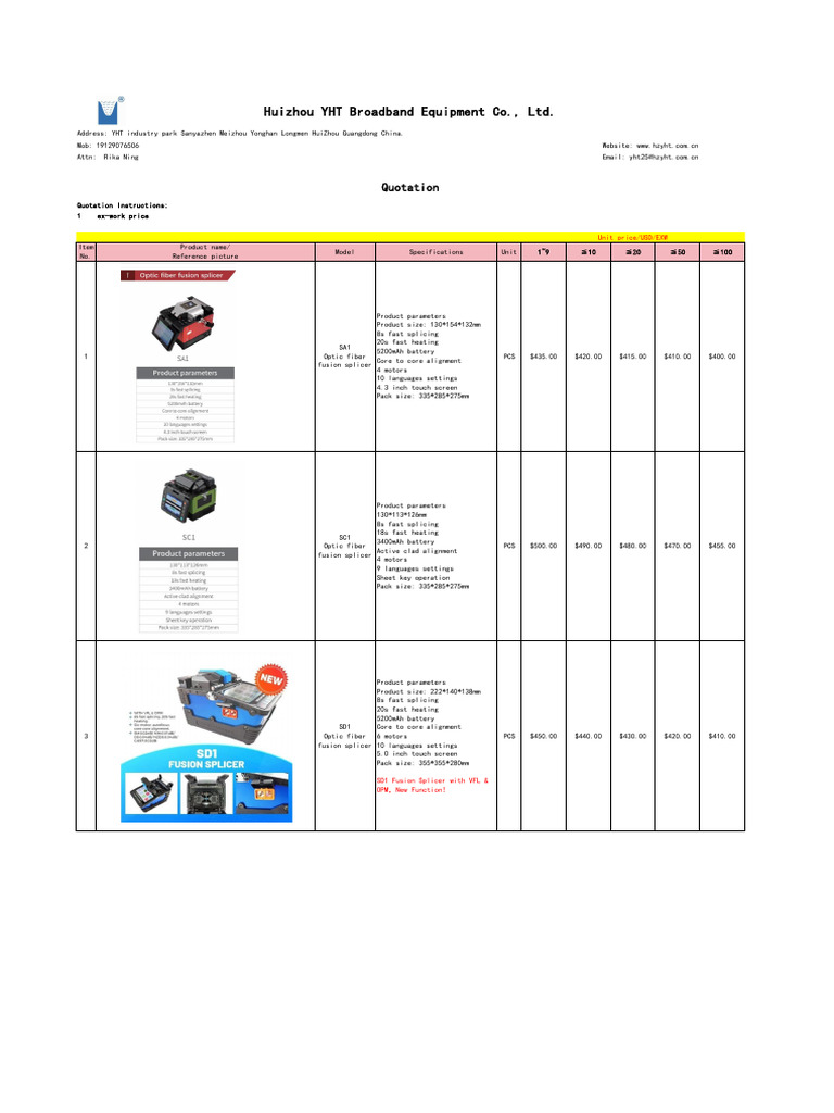 YHT Quotation For Optical Fiber Fusion Splicer 20250110 | PDF | Optical Fiber | Electronics