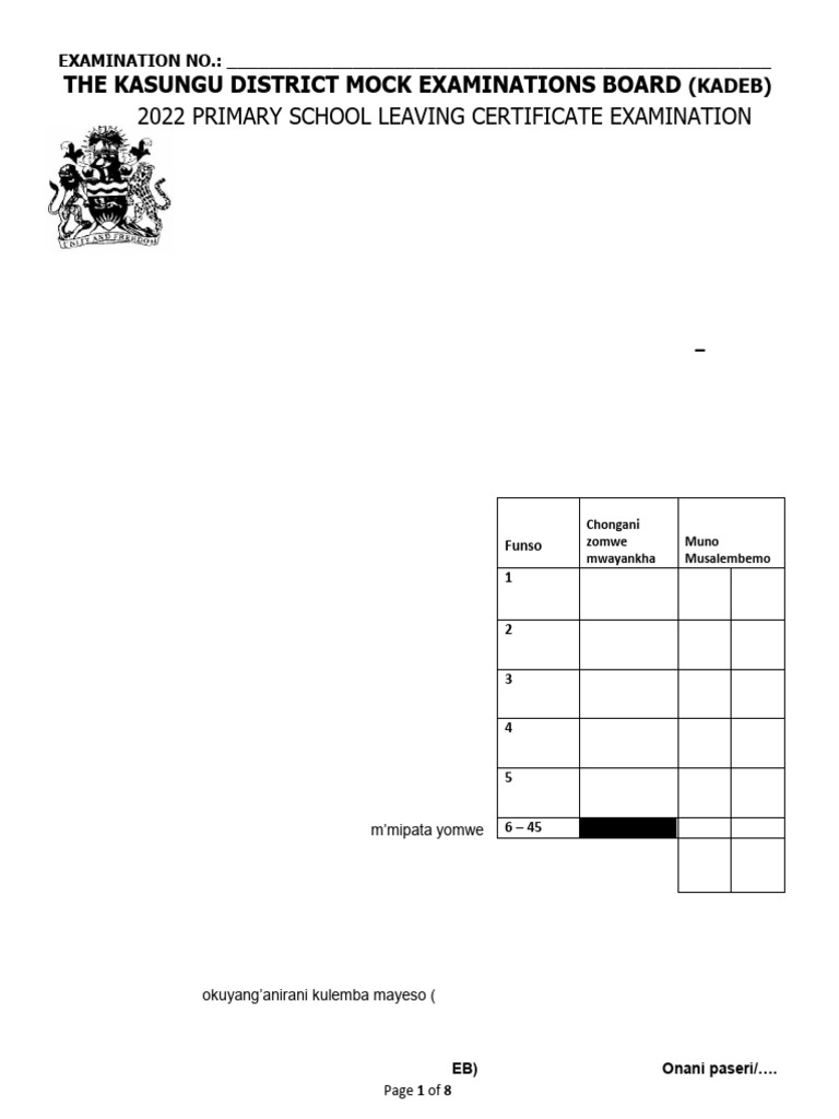 2022 Chichewa for Kasungu District Examinations Board Std 8 | PDF