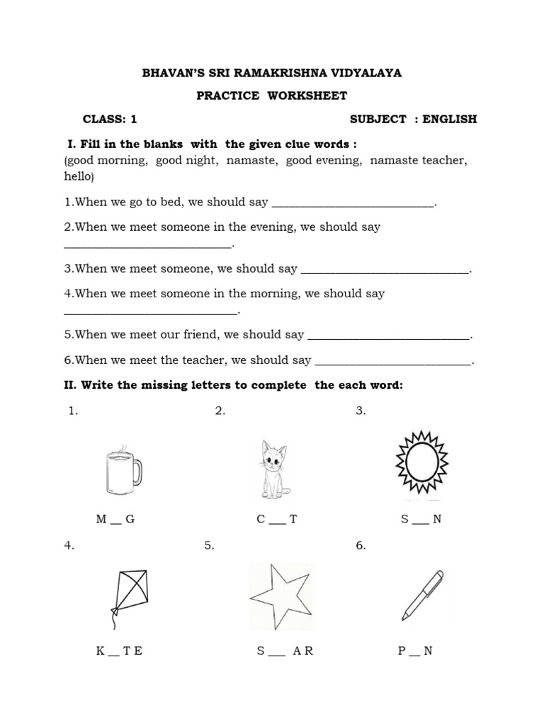 Class 1 English Pactice Worksheet | PDF