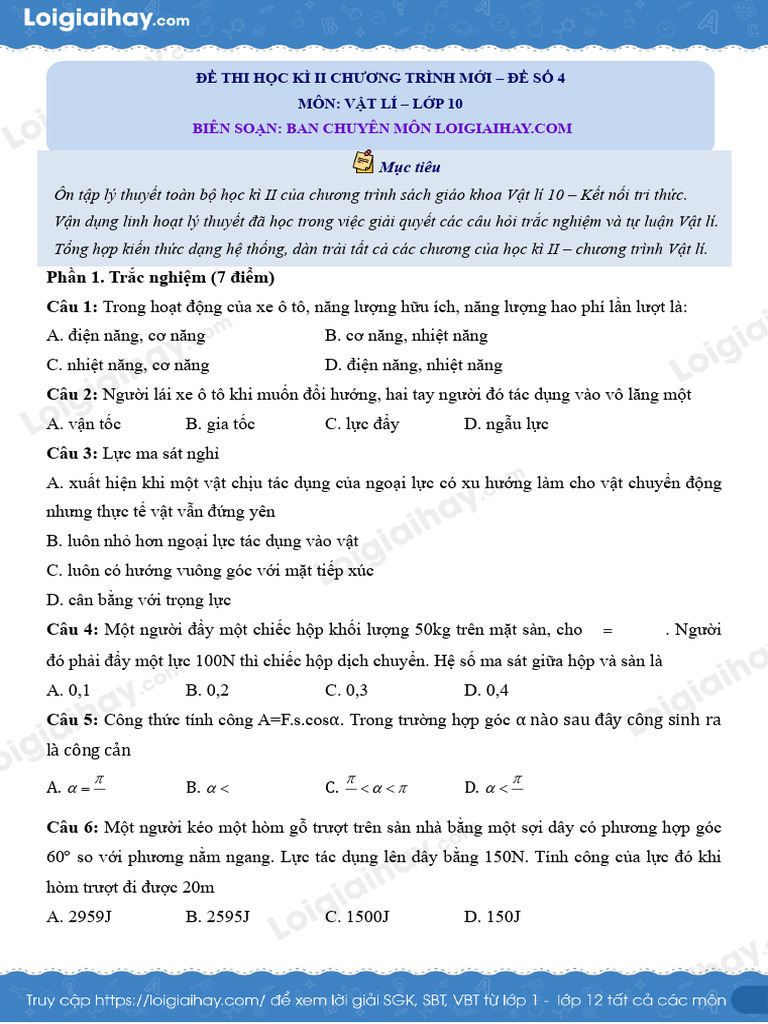 De Thi Hoc Ki 2 Vat Li 10 Ket Noi Tri Thuc de So 4 1679555714 | PDF