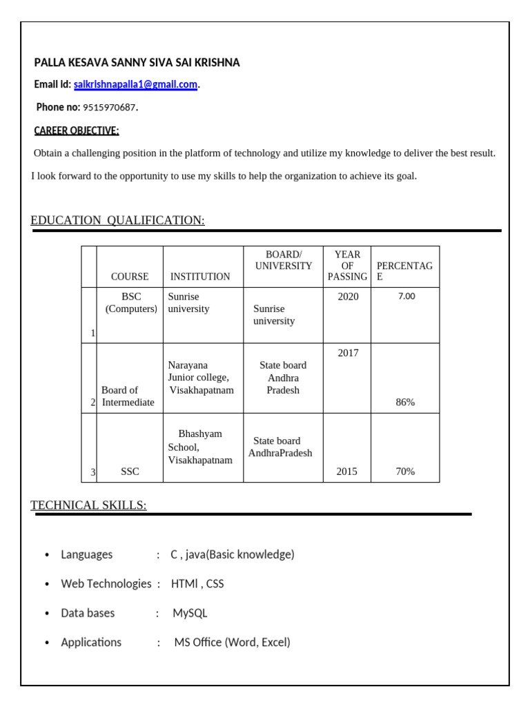 p.k.s.s Sai Krishna(Resume Final) | PDF