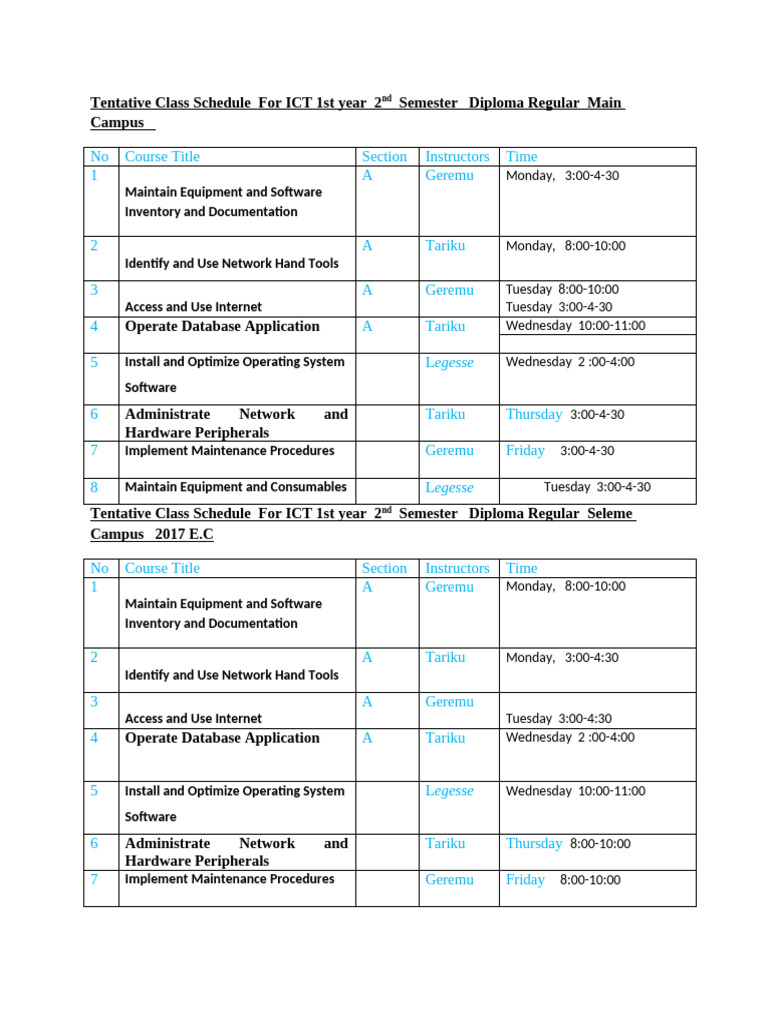 ICT and Accounting Class Schedule 2017 | PDF | Human Resource ...