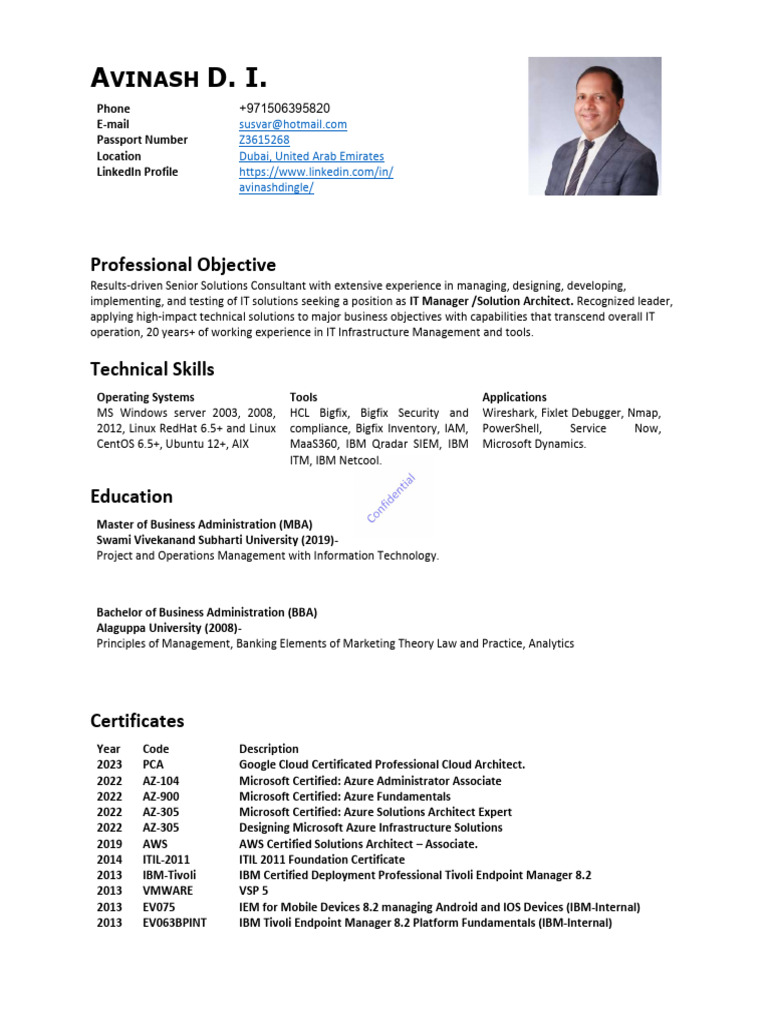 Resume of Avinash D. I - Ver. 3.11 | PDF | Computer Network | Computer Security