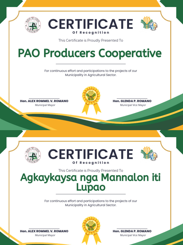 Agricultural Sector Recognition Certificates | PDF