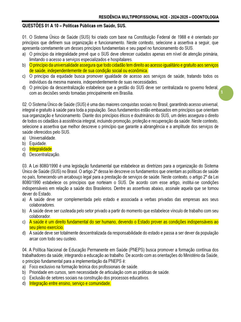 Princípios do SUS e Políticas de Saúde 2024 | PDF | Odontologia ...